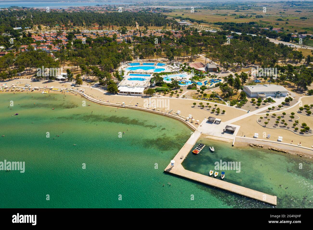 Aerial view of the beach with a swimming pool in Zaton Resort, Croatia ...