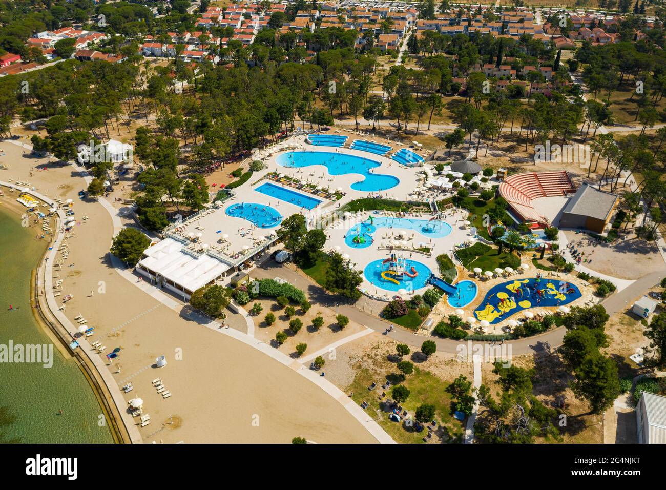 Aerial view of the beach with a swimming pool in Zaton Resort, Croatia ...