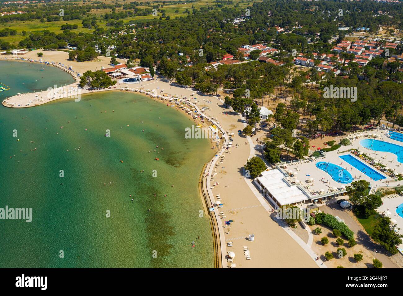Aerial view of the beach with a swimming pool in Zaton Resort, Croatia ...