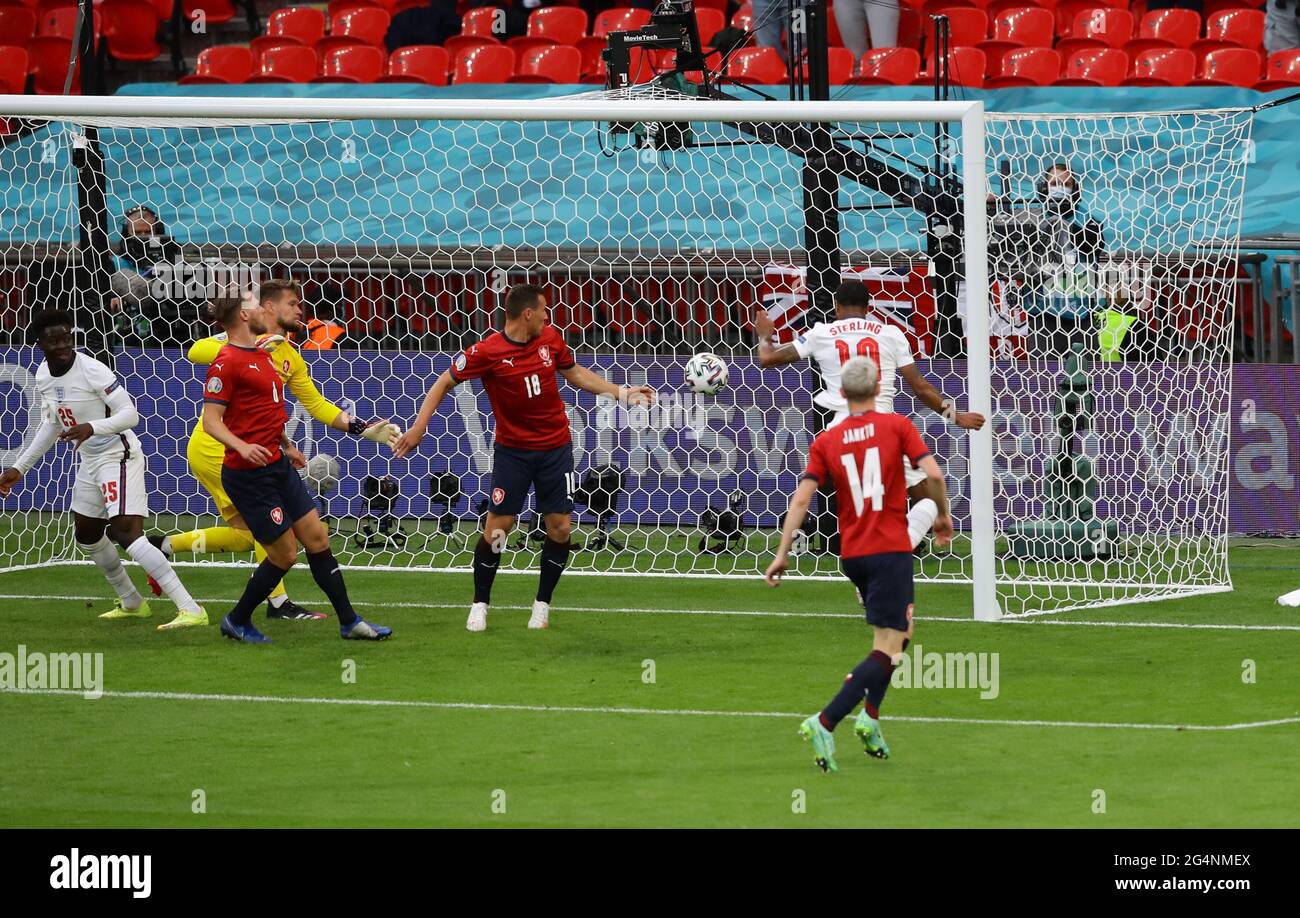 London, England, 22nd June 2021. Raheem Sterling of England heads the ...