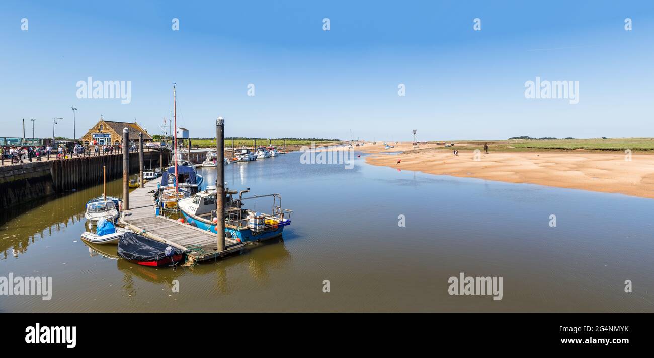 Multi image panorama of the quay at Wells next the Sea at low tide seen ...