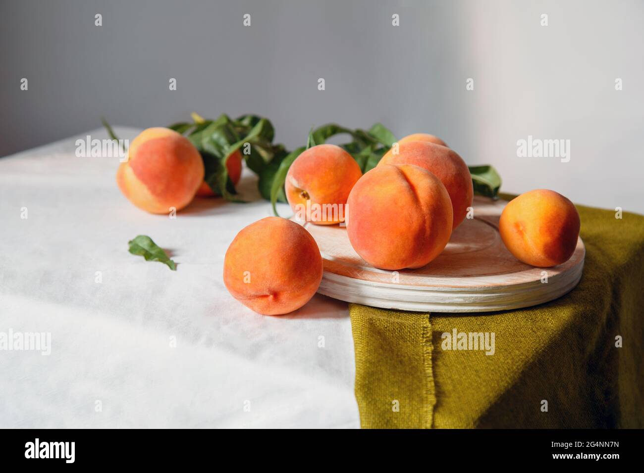 Peaches fruit Still life in minimalistic rustic style. Peaches with ...