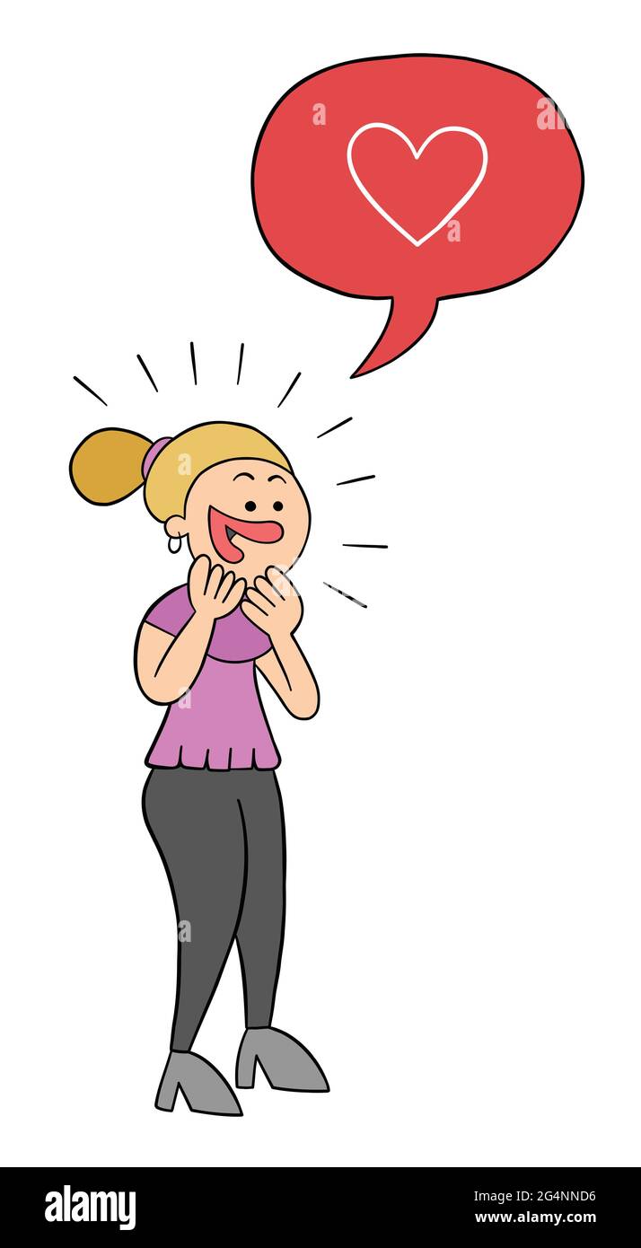 Cartoon woman in love, vector illustration. Colored and black outlines ...