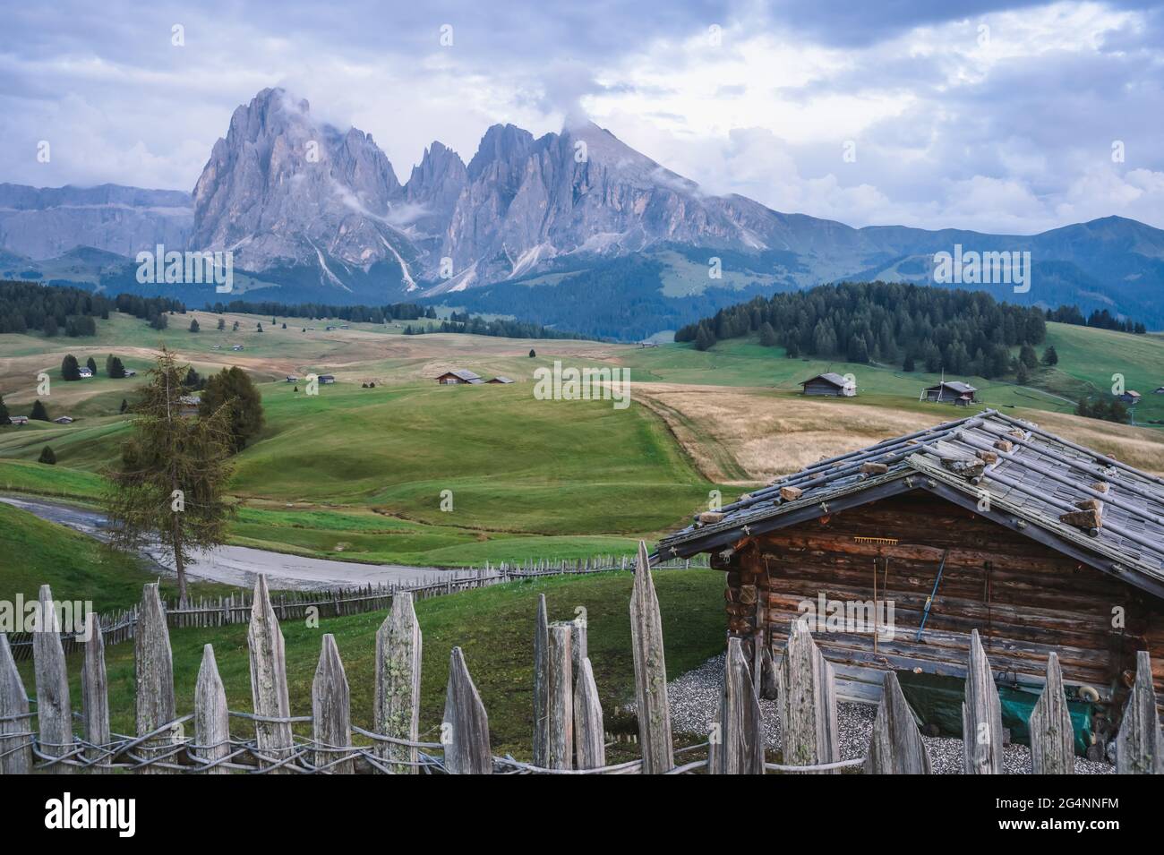 Wooden hut in Alpe Di Siusi, Dolomites, Italian Alps. Europe Stock ...