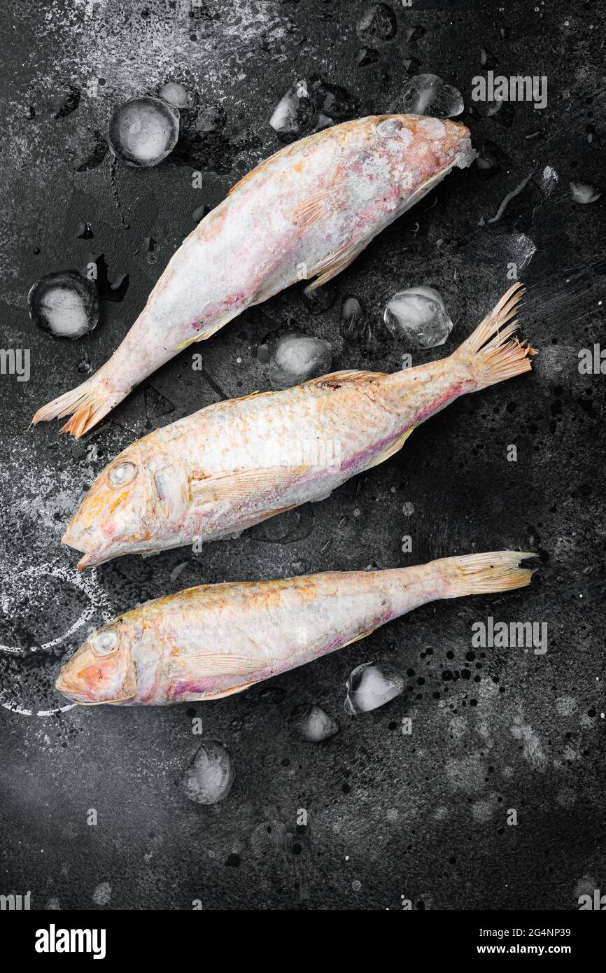 Frozen surmullet fish set, on black dark stone table background, top ...