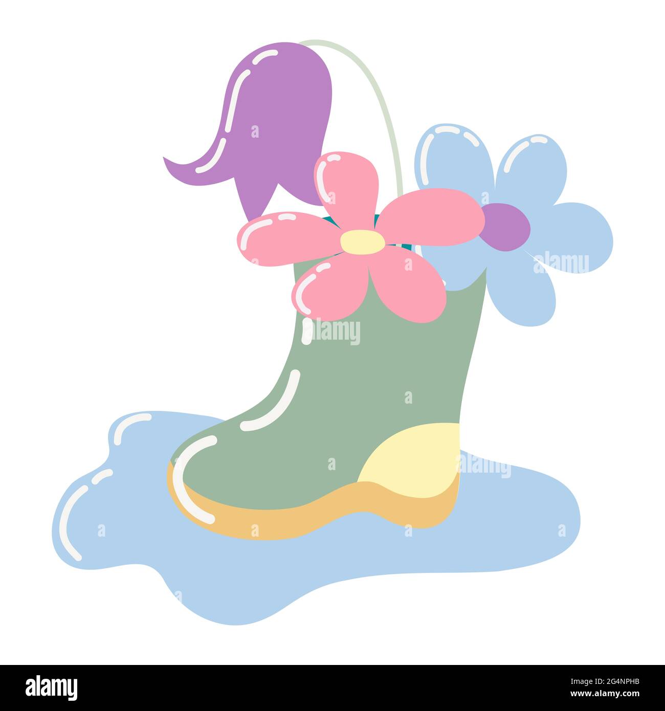 A cartoon drawn green boot with wildflowers inside stands in a blue ...