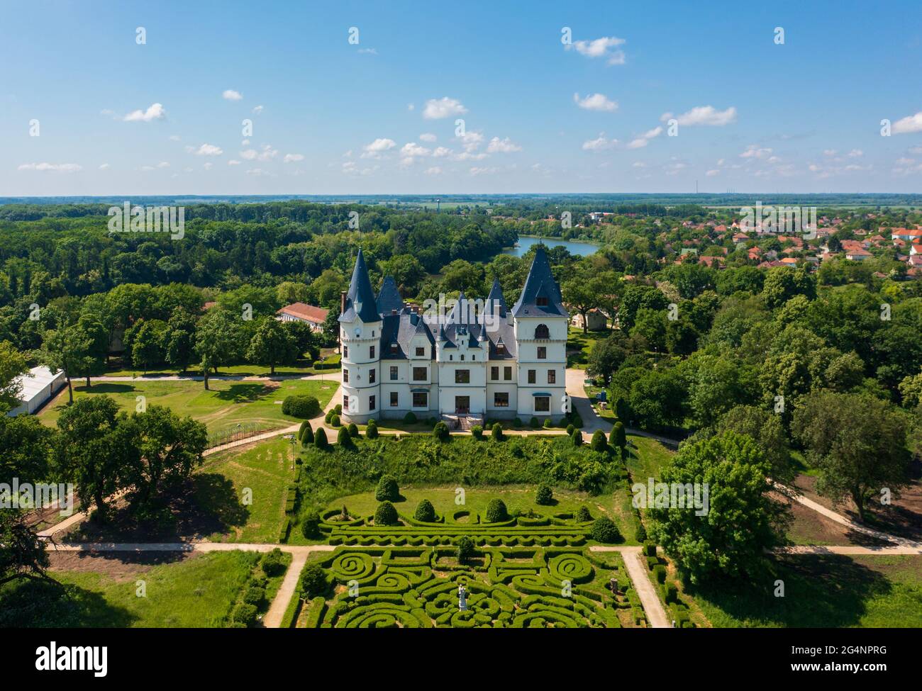Tiszadob, Hungary - Aerial view about castle Andrassy near river Tisza ...