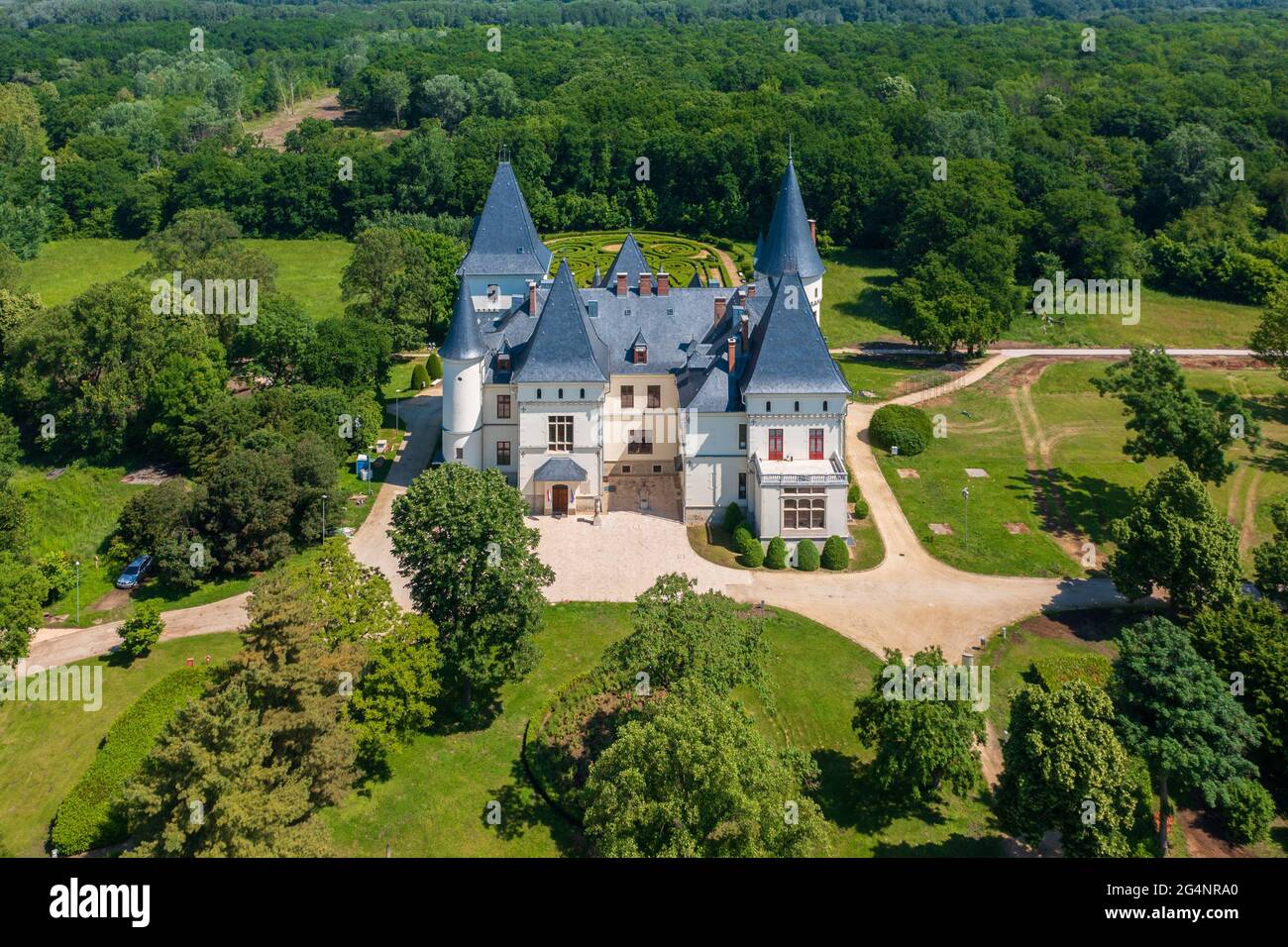 Tiszadob, Hungary - Aerial view about castle Andrassy near river Tisza ...