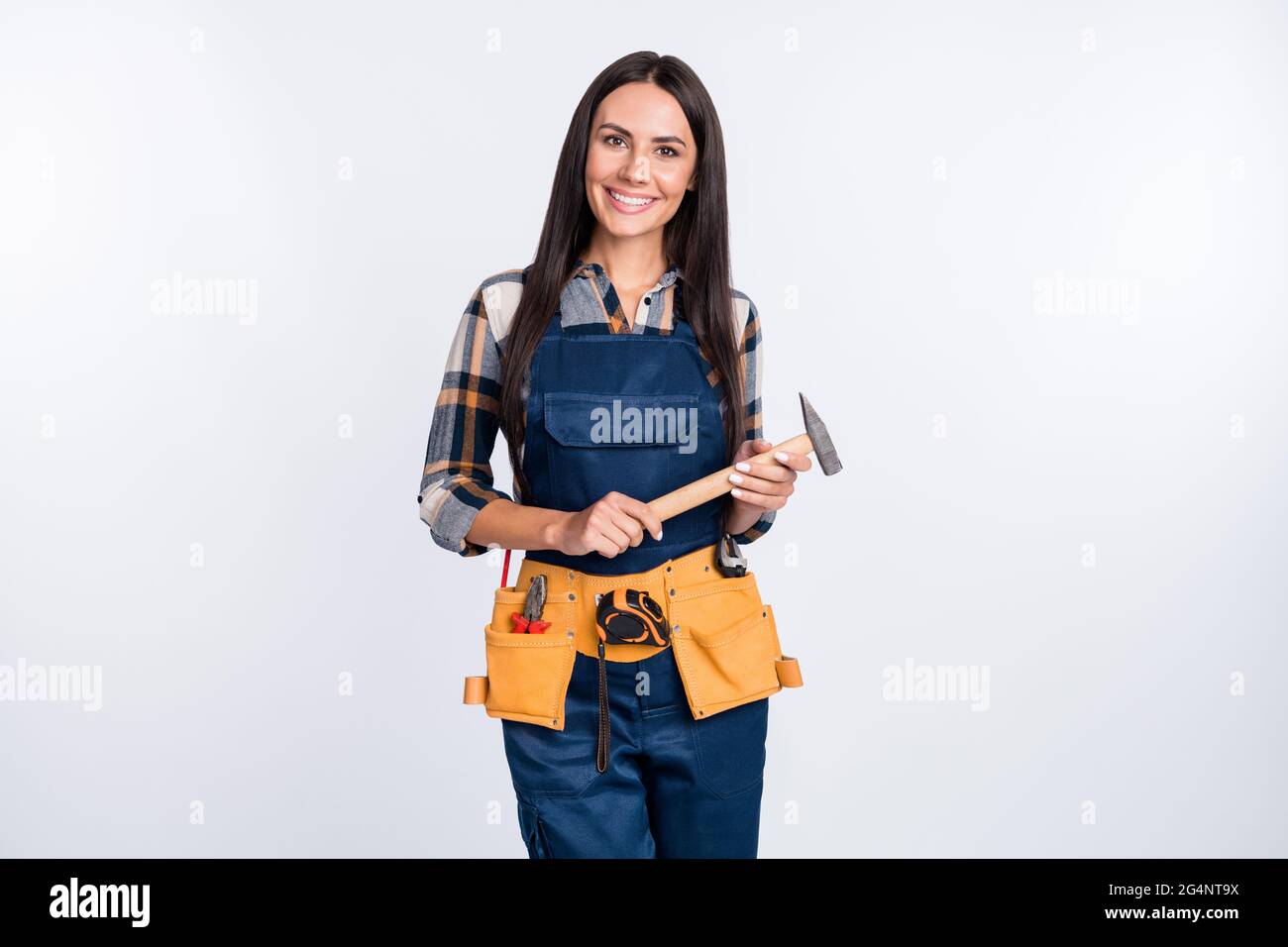 Photo of happy smiling good mood lovely repairman woman hold equipment ...