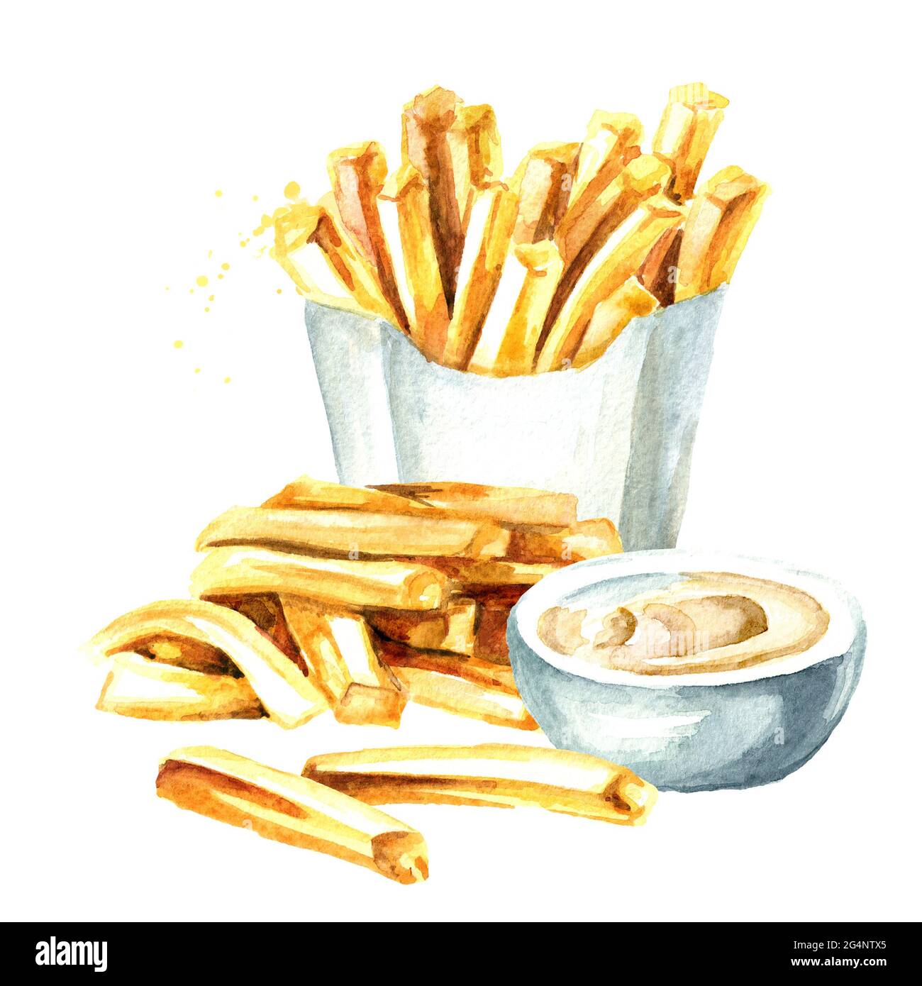 French fry stick potato with sauce. Watercolor hand drawn illustration ...