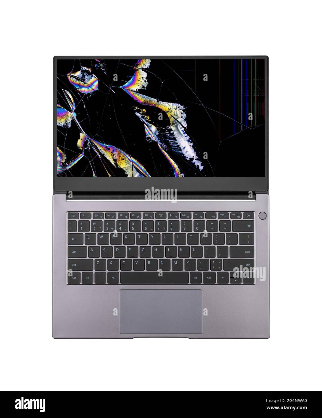 open laptop with a broken screen in color spots and cracks isolated on ...