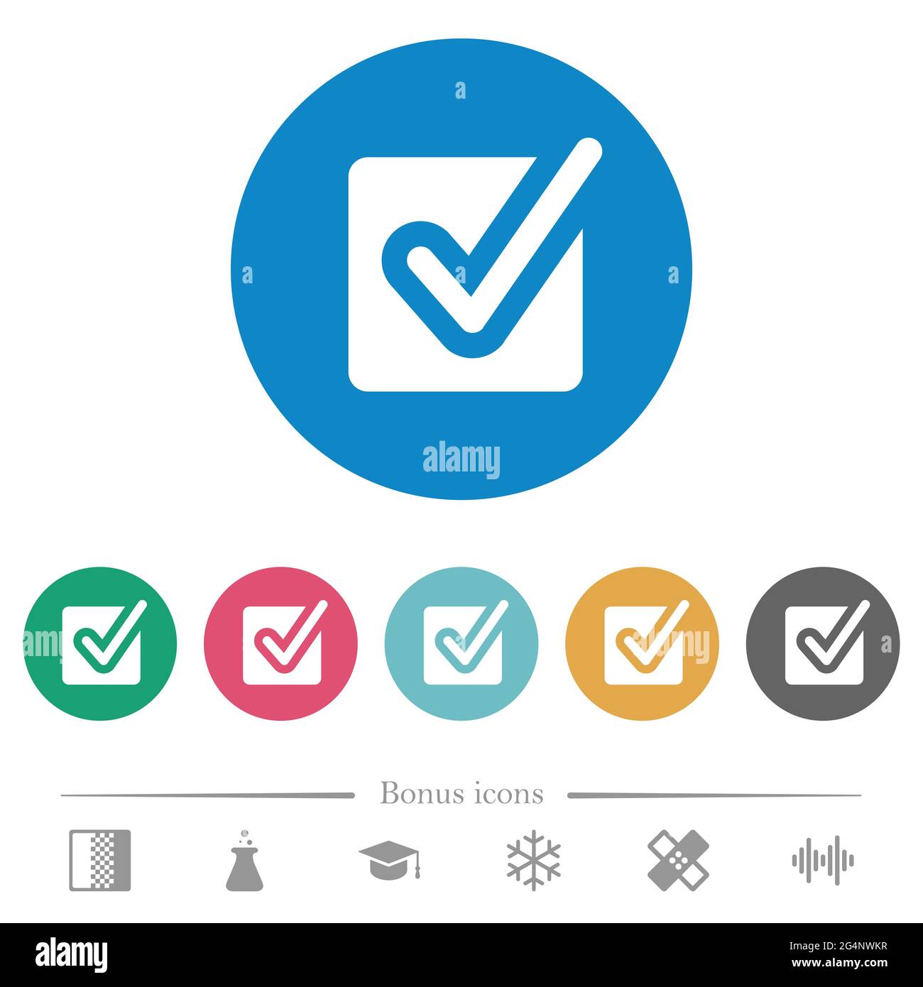 Checked box flat white icons on round color backgrounds. 6 bonus icons included Stock Vector ...