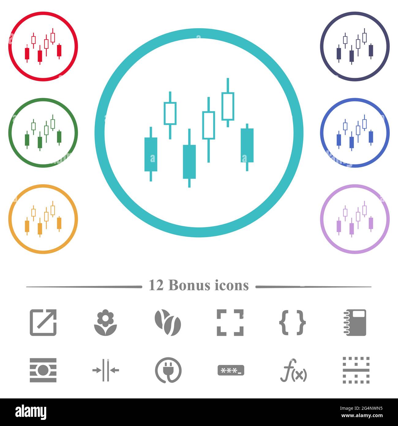 Candlestick chart flat color icons in circle shape outlines. 12 bonus ...
