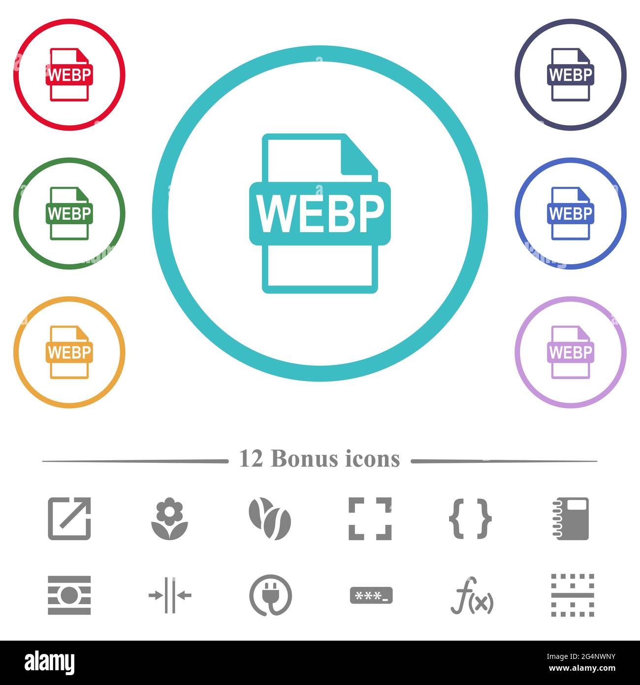 WEBP file format flat color icons in circle shape outlines. 12 bonus ...