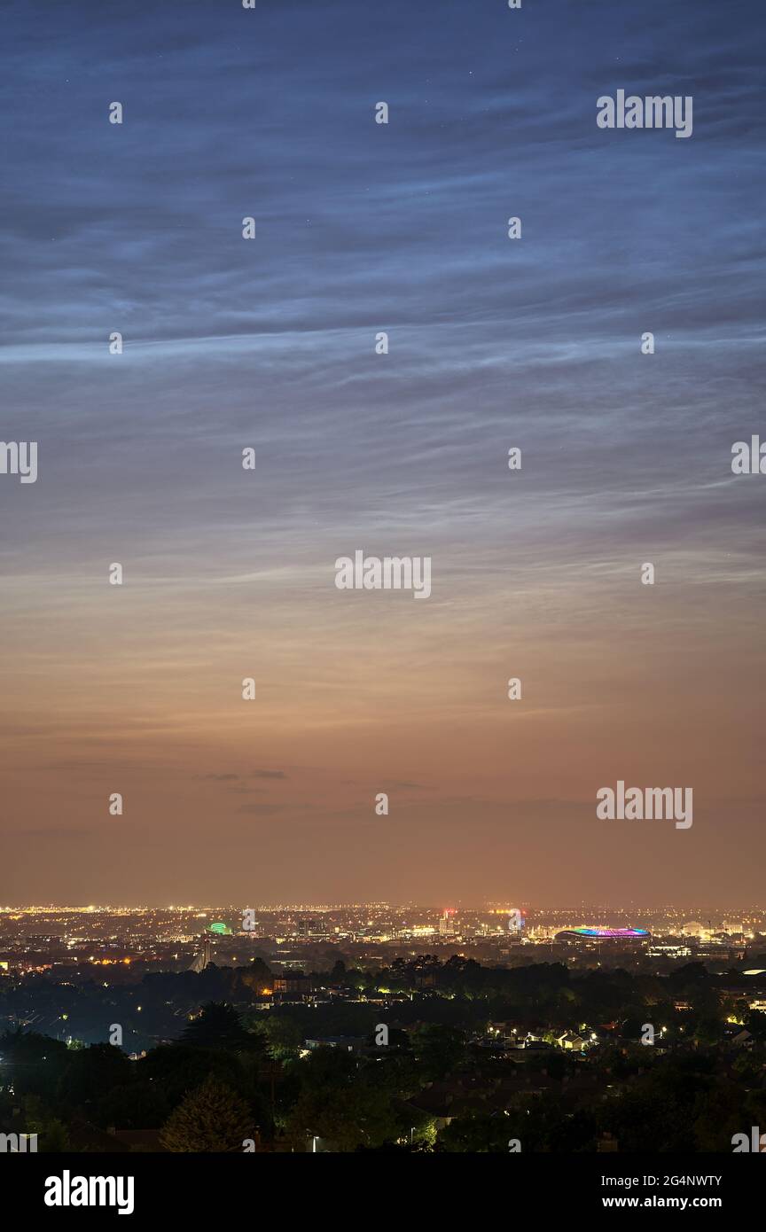 Closeup view of stars visible through very rare noctilucent clouds seen ...