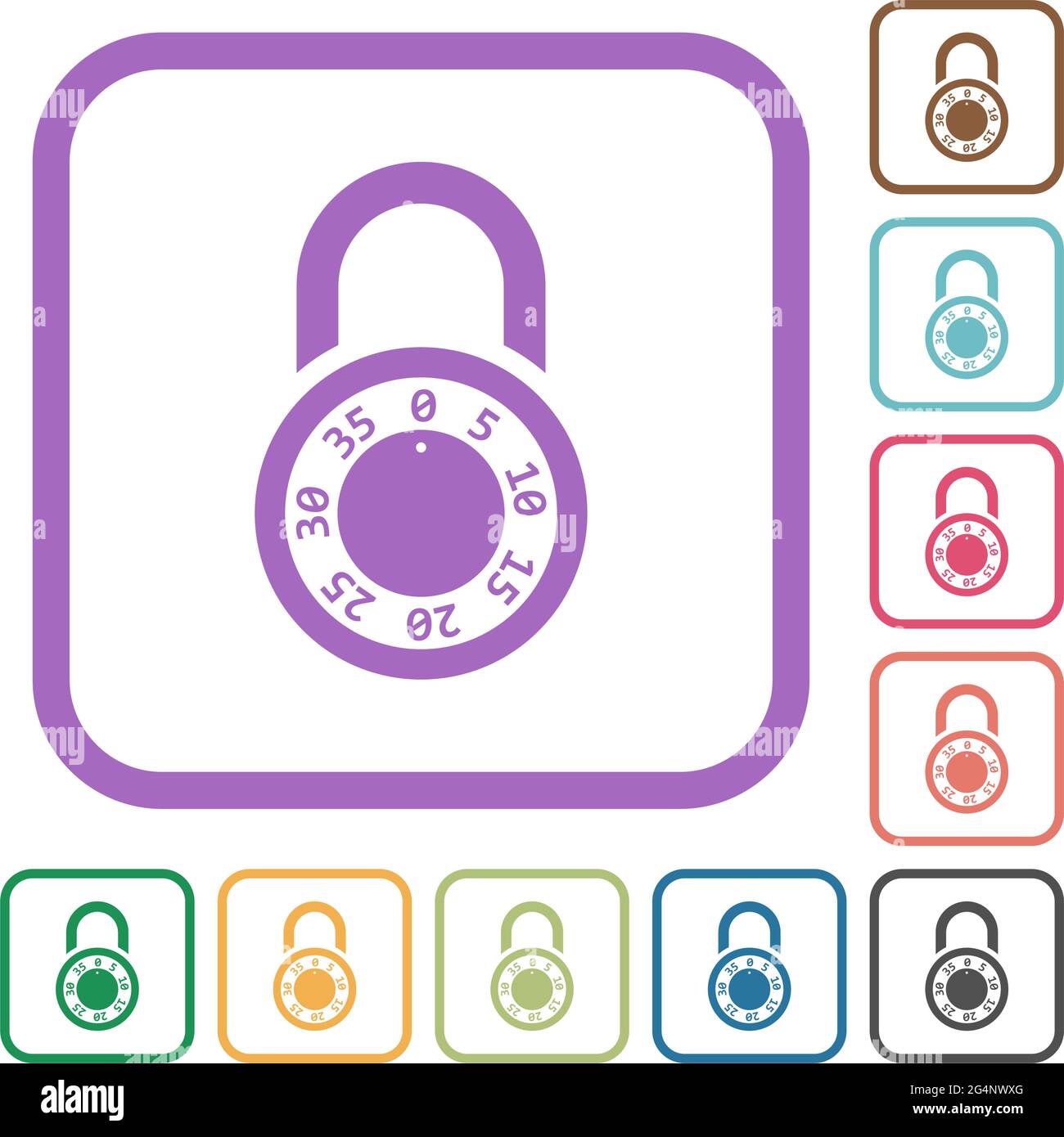 Locked round combination lock simple icons in color rounded square frames on white background ...