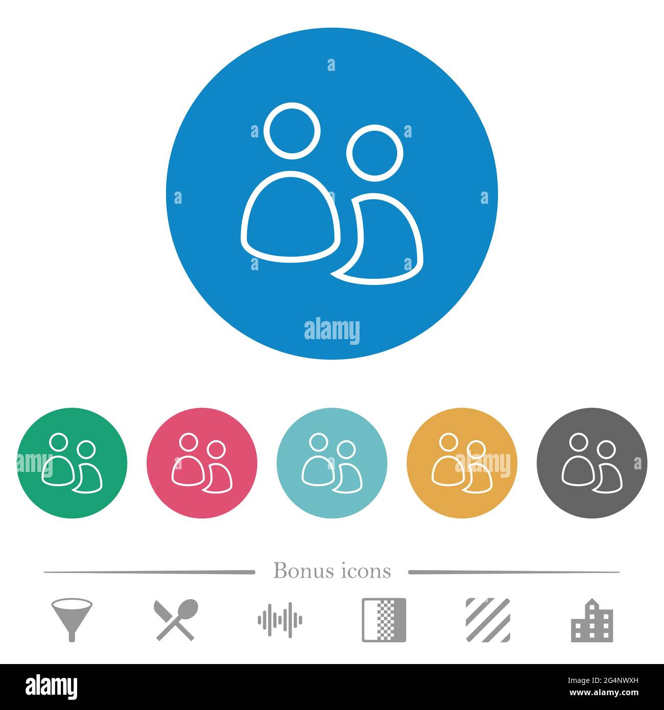 User group outline flat white icons on round color backgrounds. 6 bonus ...