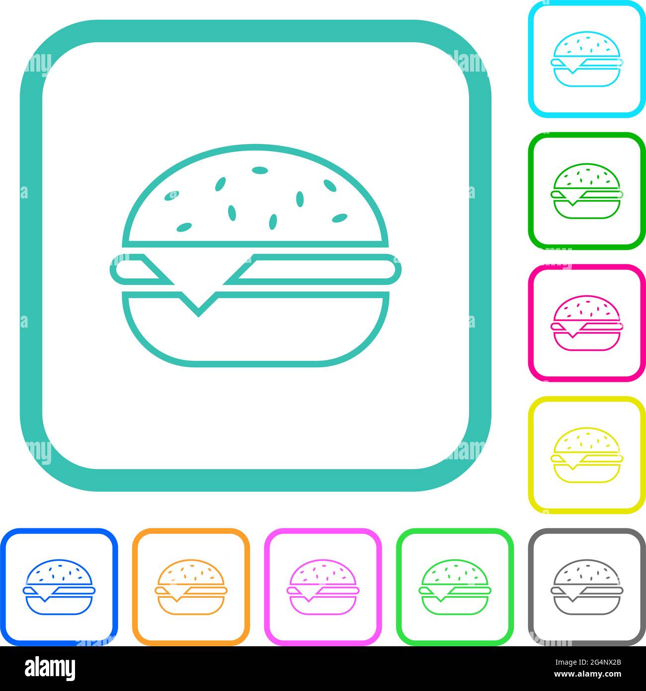 Single cheeseburger vivid colored flat icons in curved borders on white ...