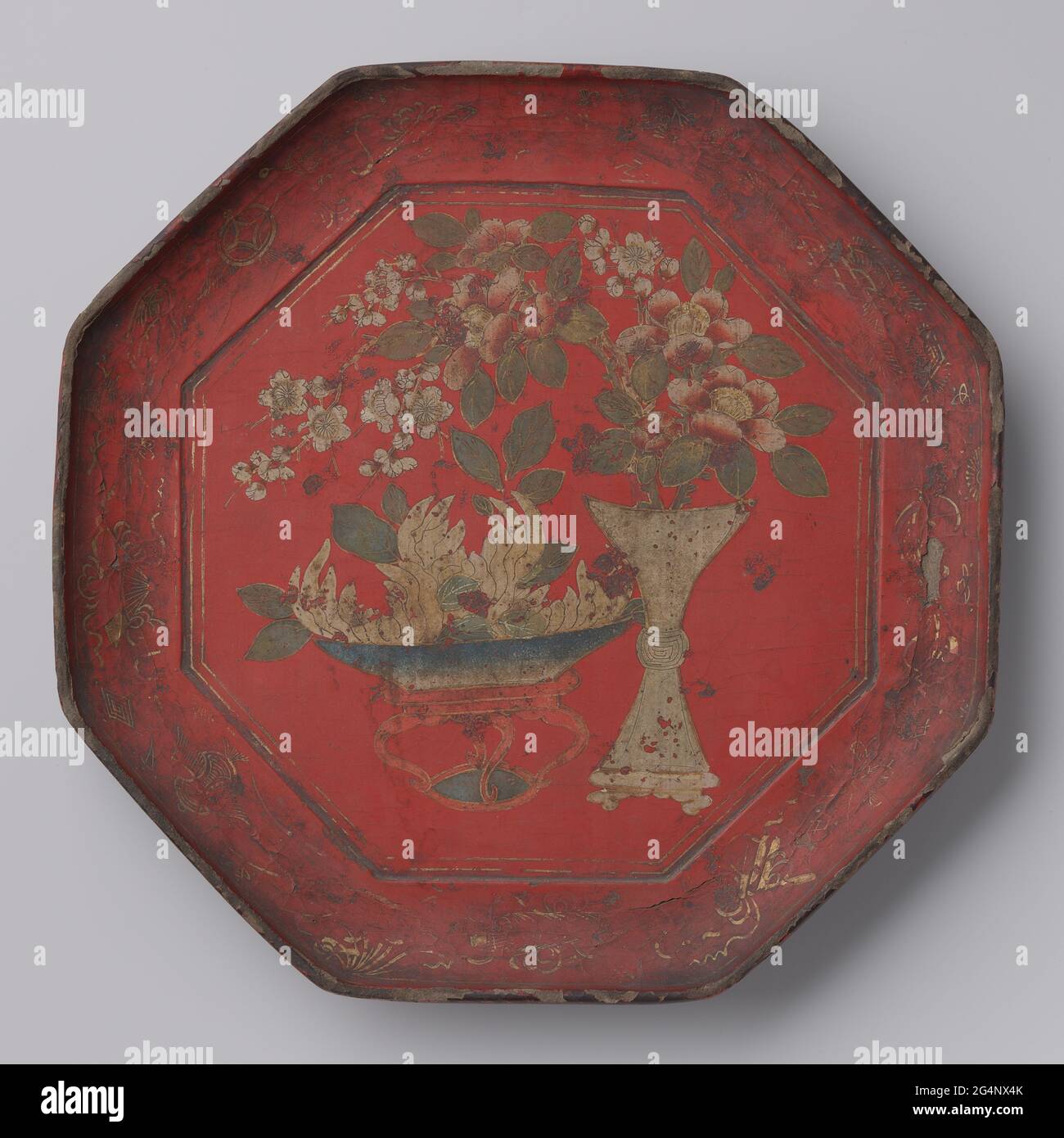 Plate. Octagonal board with a still life in different colors and gold ...