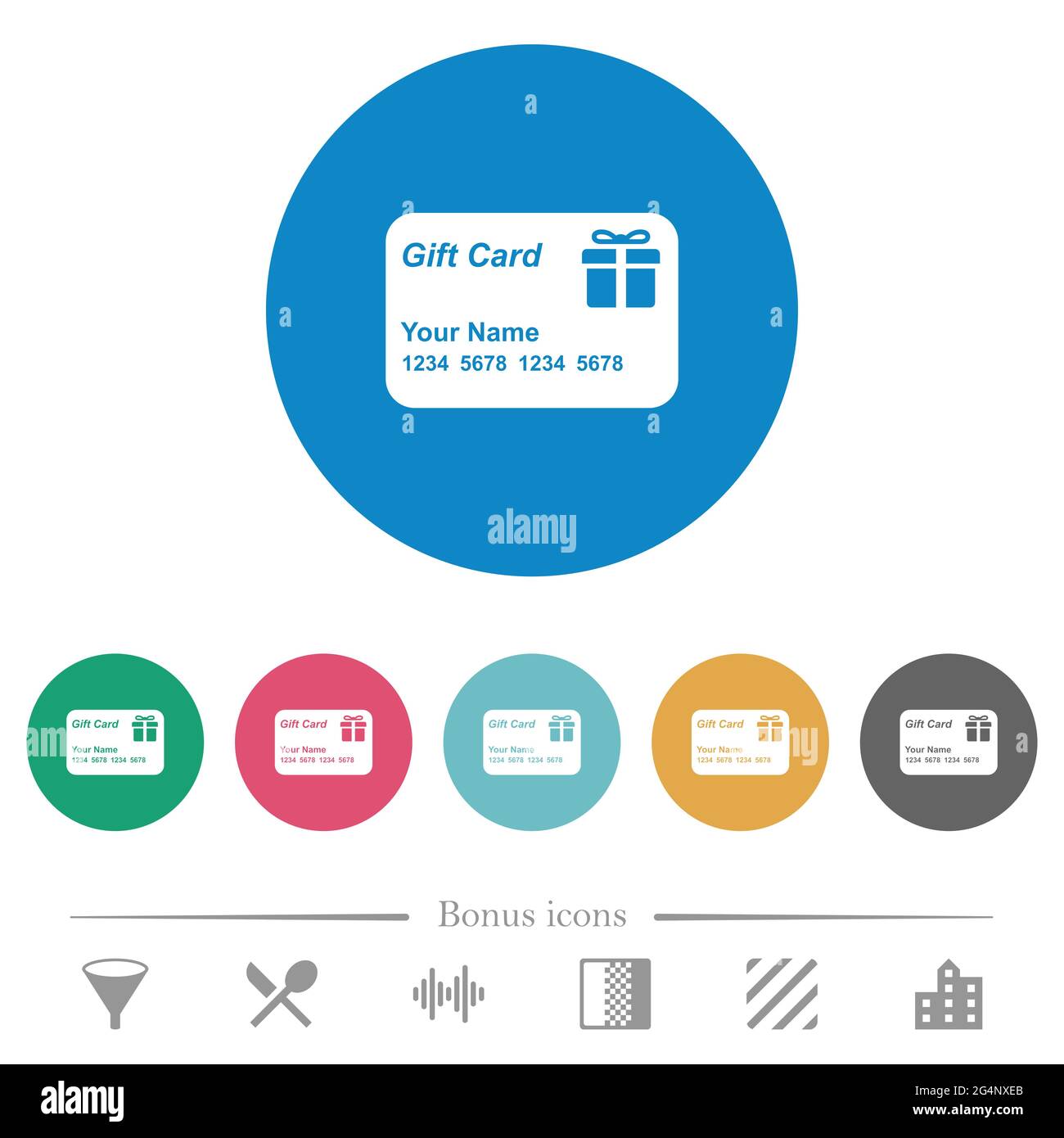 Gift card with name and numbers flat white icons on round color ...