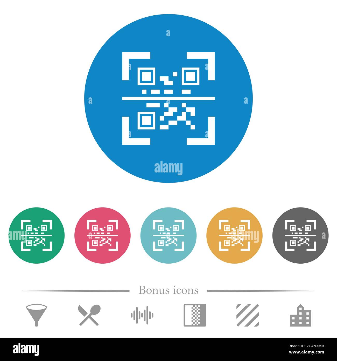 QR code scanning flat white icons on round color backgrounds. 6 bonus ...