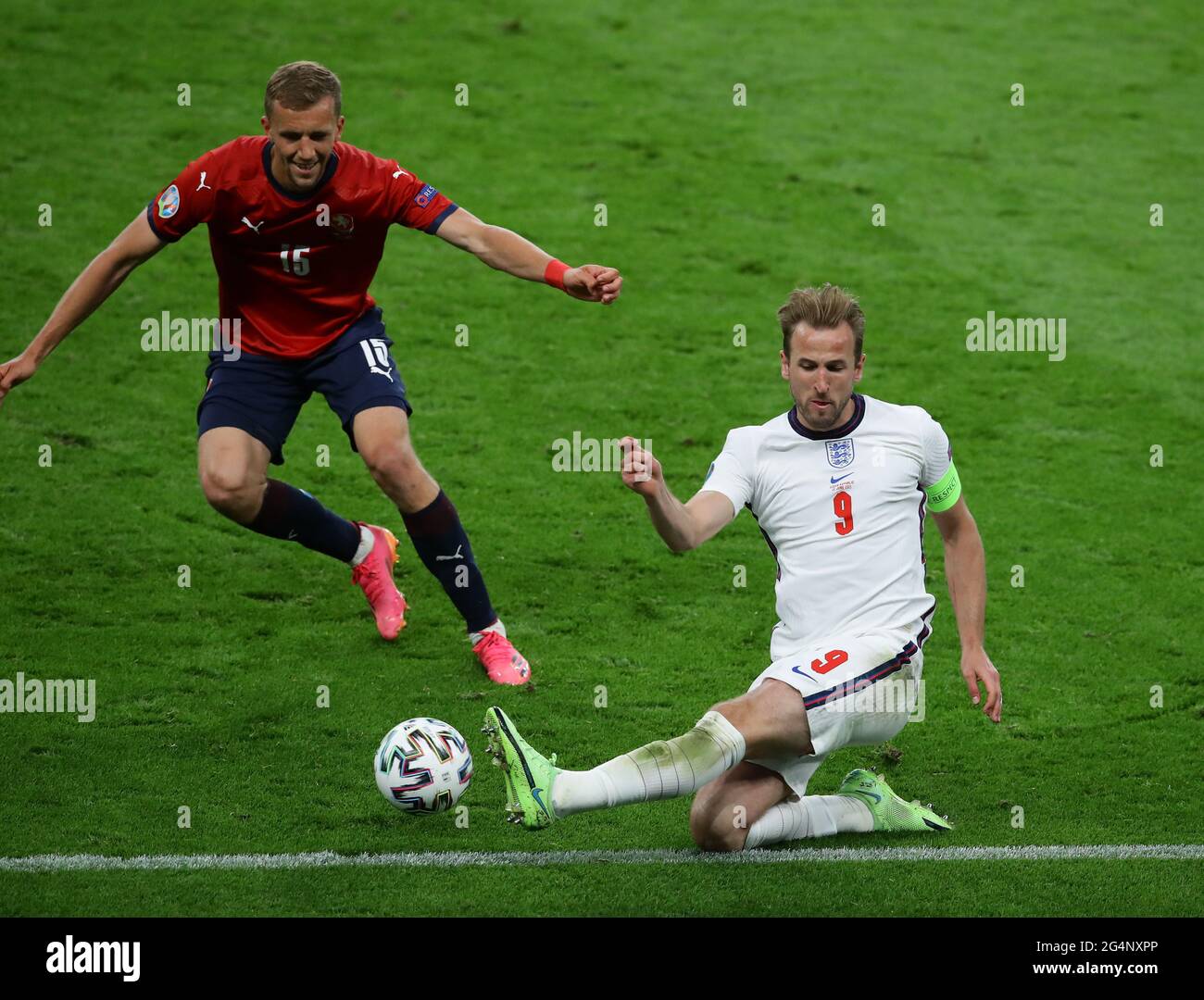 London, England, 22nd June 2021. Harry Kane of England stretches to ...