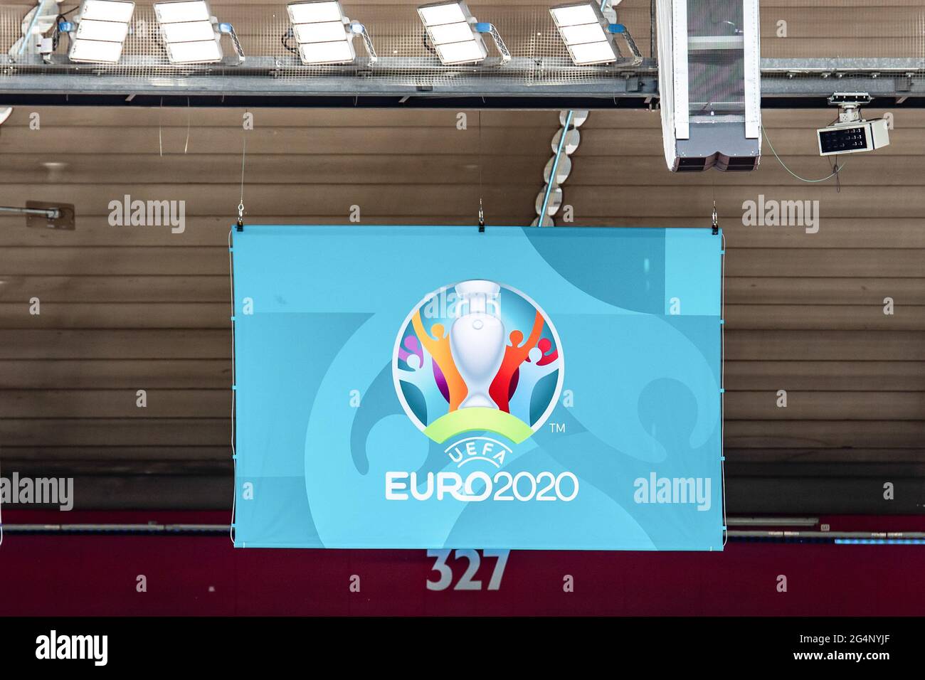 Munich, Germany. 19th June, 2021. A view of the flag with official logo ...