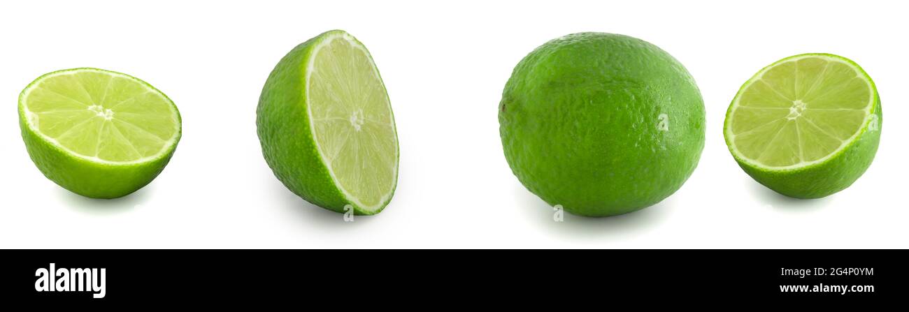 Collage of different parts of lime fruit. Fresh citrus, 4 pictures ...