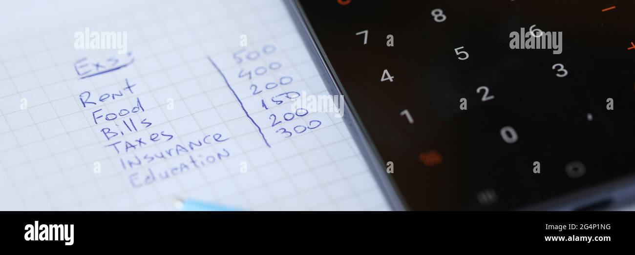 Monthly expenses are written on piece of paper with calculator Stock ...
