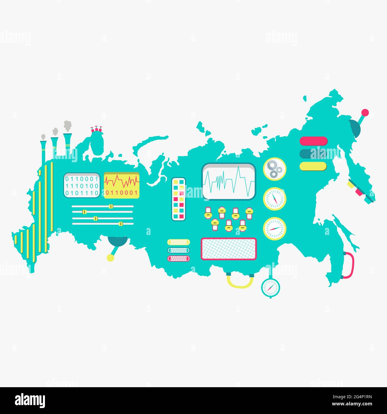 Map of Russia like a cute machine with buttons, panels and levers ...