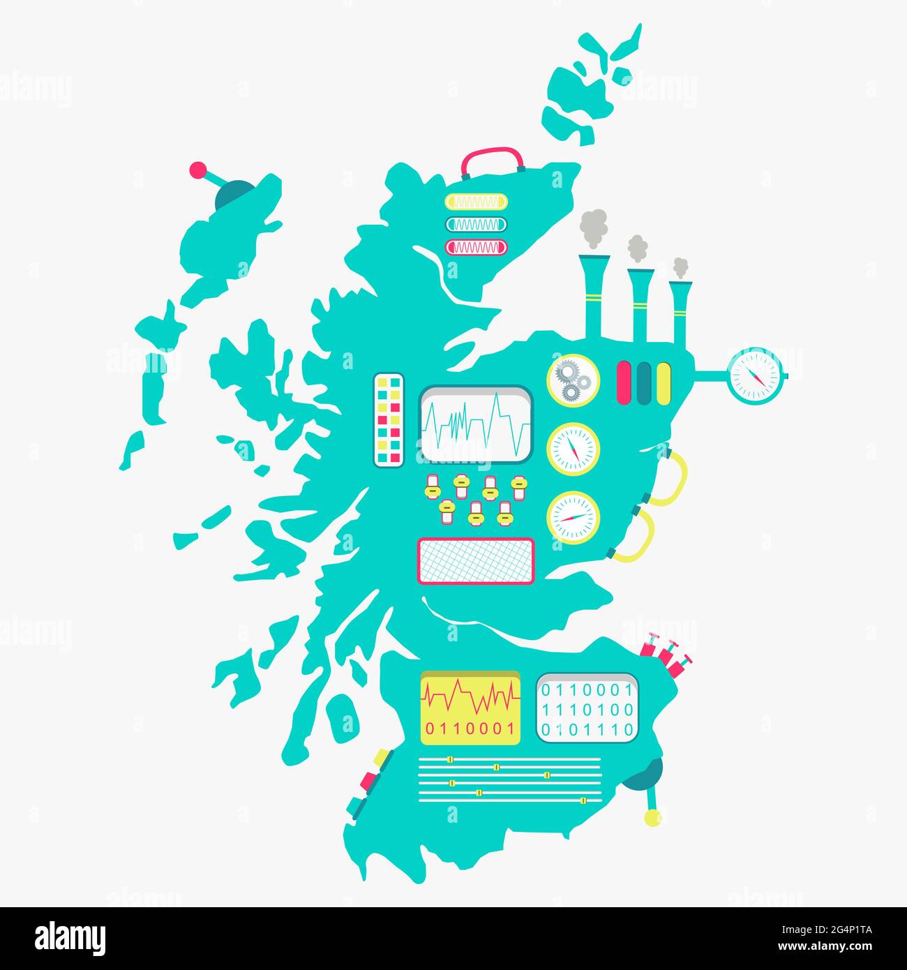 Map of Scotland like a cute machine with buttons, panels and levers ...