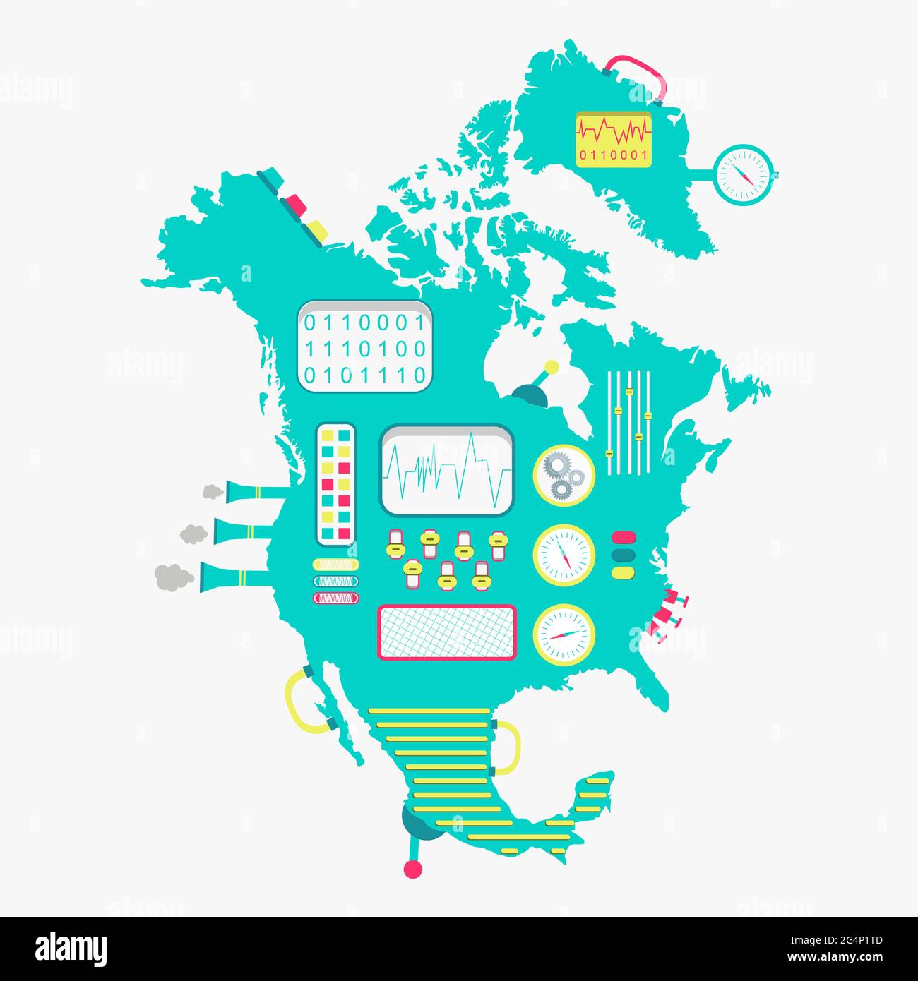 Map of North America like a cute machine with buttons, panels and ...