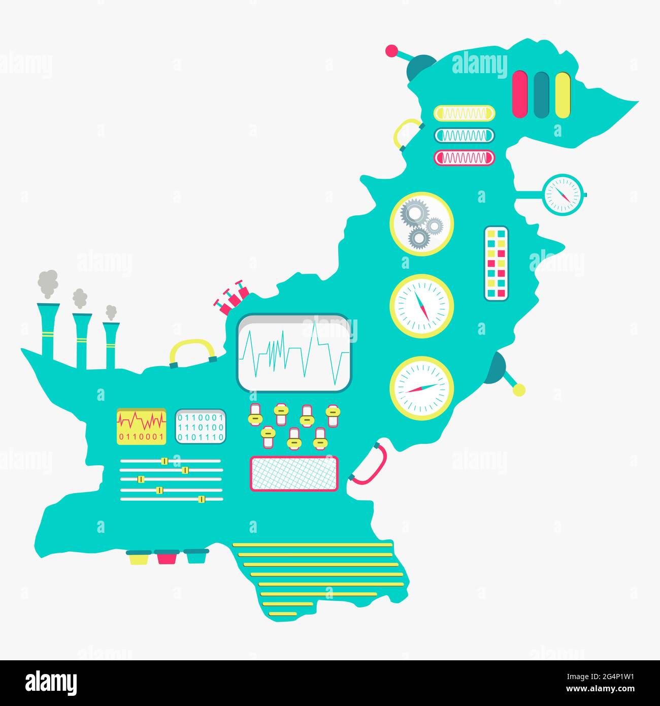 Map of Pakistan like a cute machine with buttons, panels and levers ...