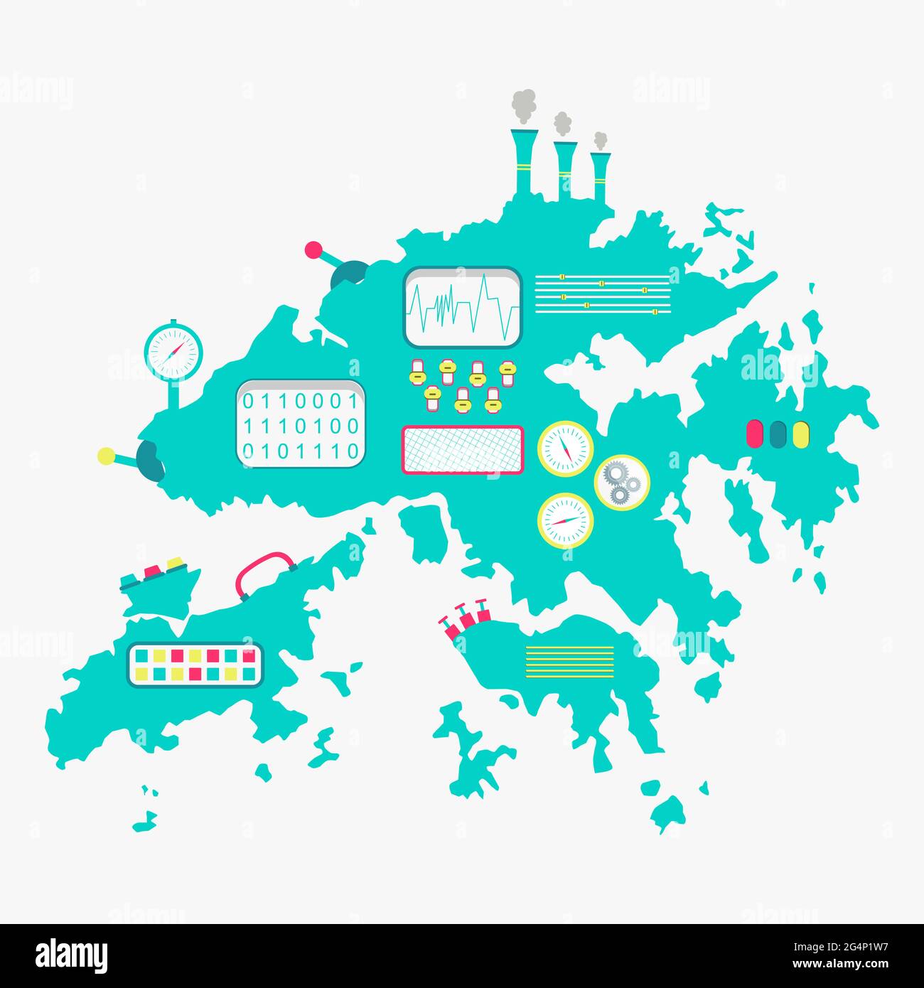 Map of Hong Kong like a cute machine with buttons, panels and levers ...