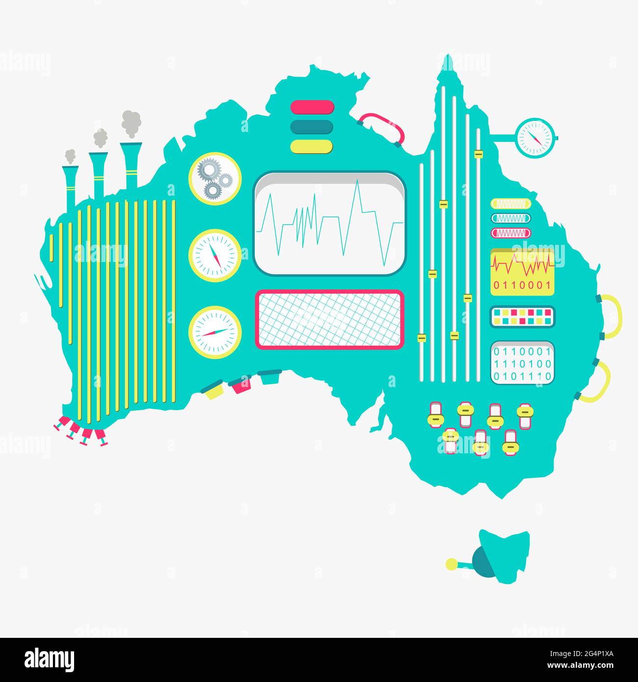 Map of Australia like a cute machine with buttons, panels and levers ...
