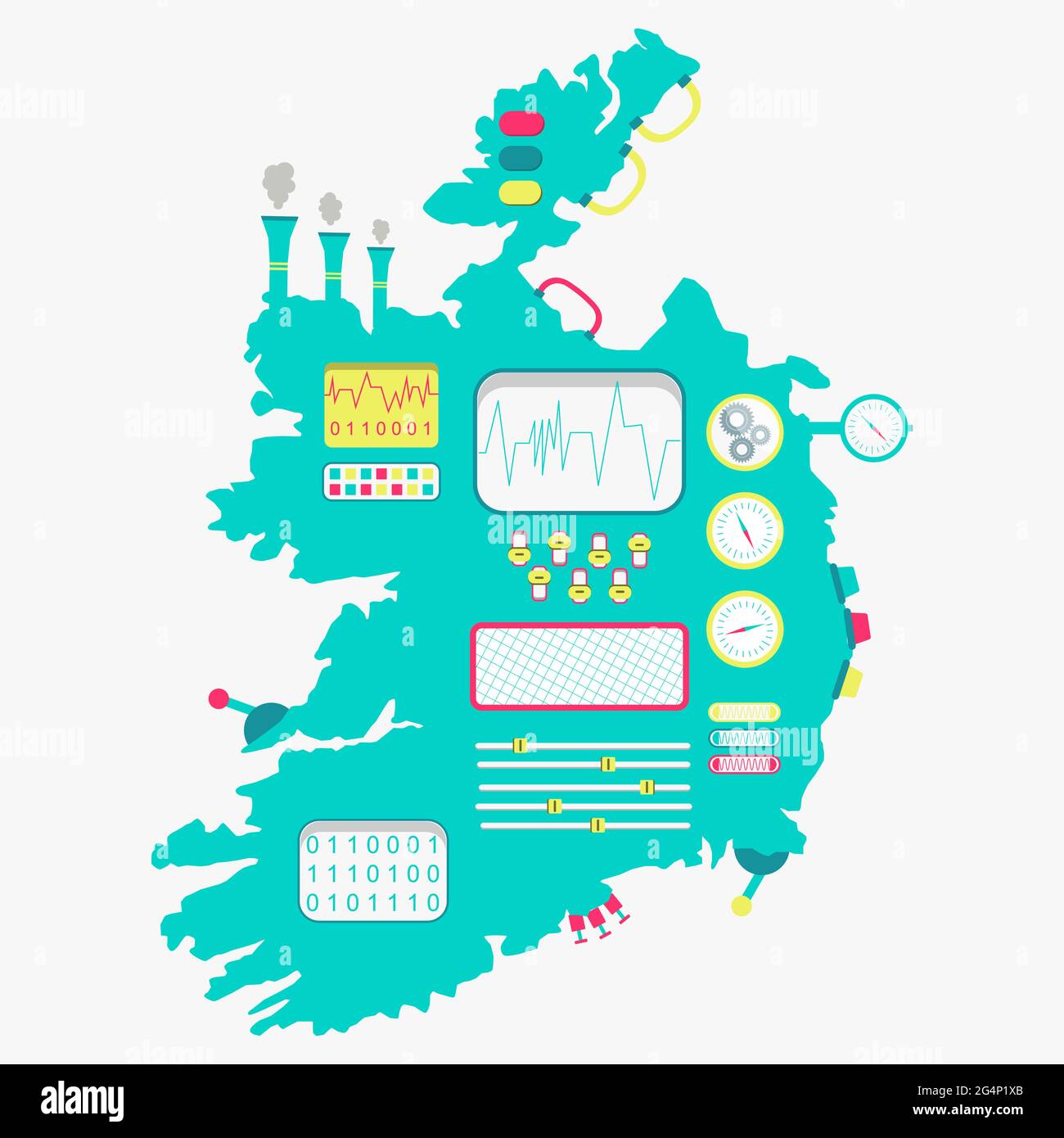 Map of Ireland like a cute machine with buttons, panels and levers ...