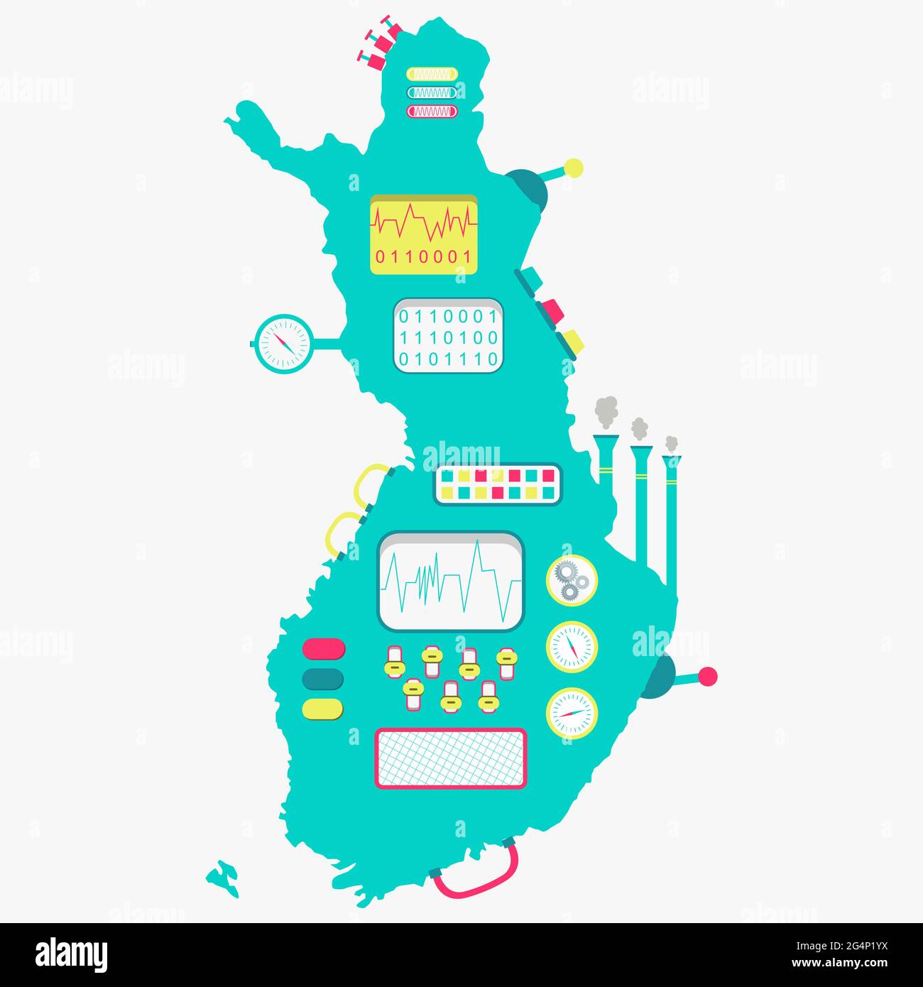 Map of Finland like a cute machine with buttons, panels and levers ...