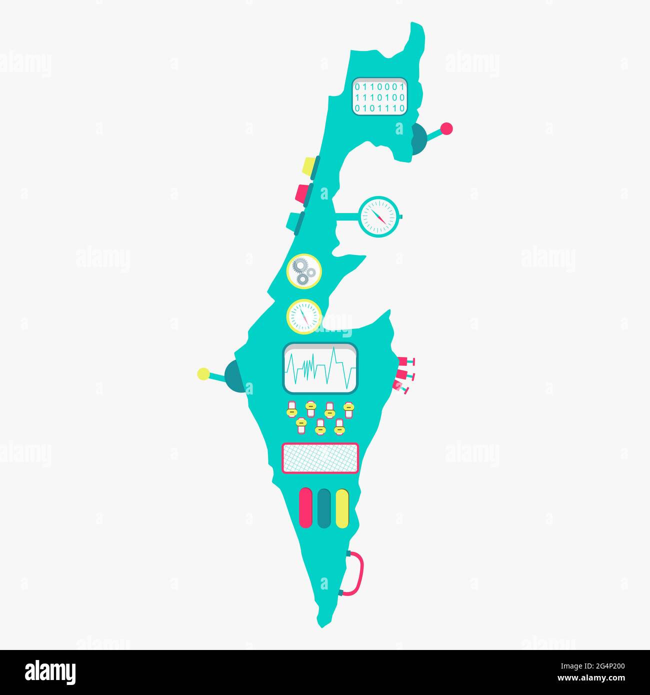Map of Israel like a cute machine with buttons, panels and levers ...