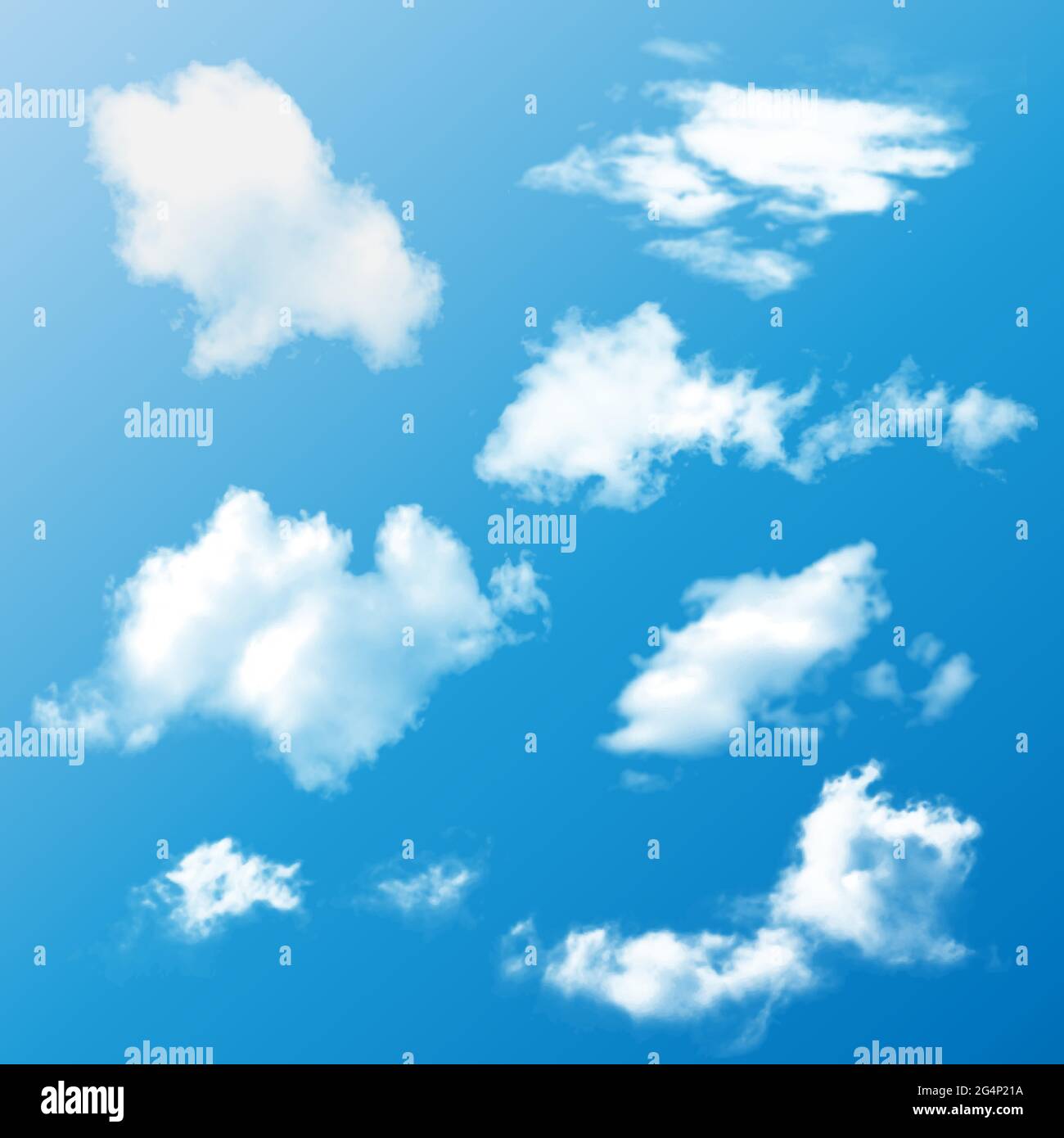 Realistic set of white fluffy summer clouds on a blue background Stock ...