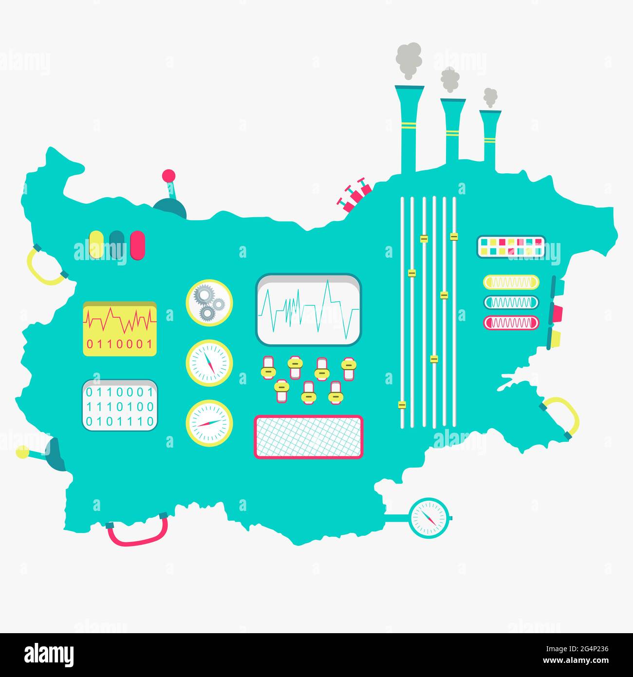 Map of Bulgaria like a cute machine with buttons, panels and levers ...