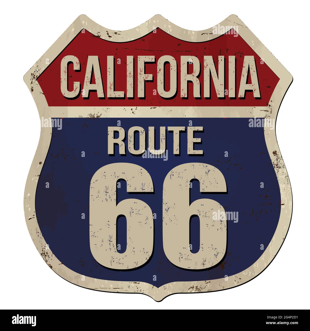 California, Route 66 vintage rusty metal sign on white background ...