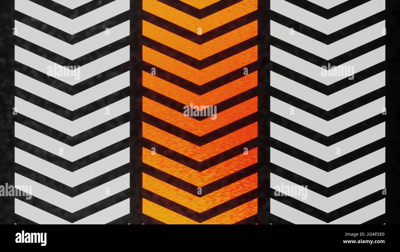 A 3D rendering of white and neon orange futuristic hi-tech arrows ...