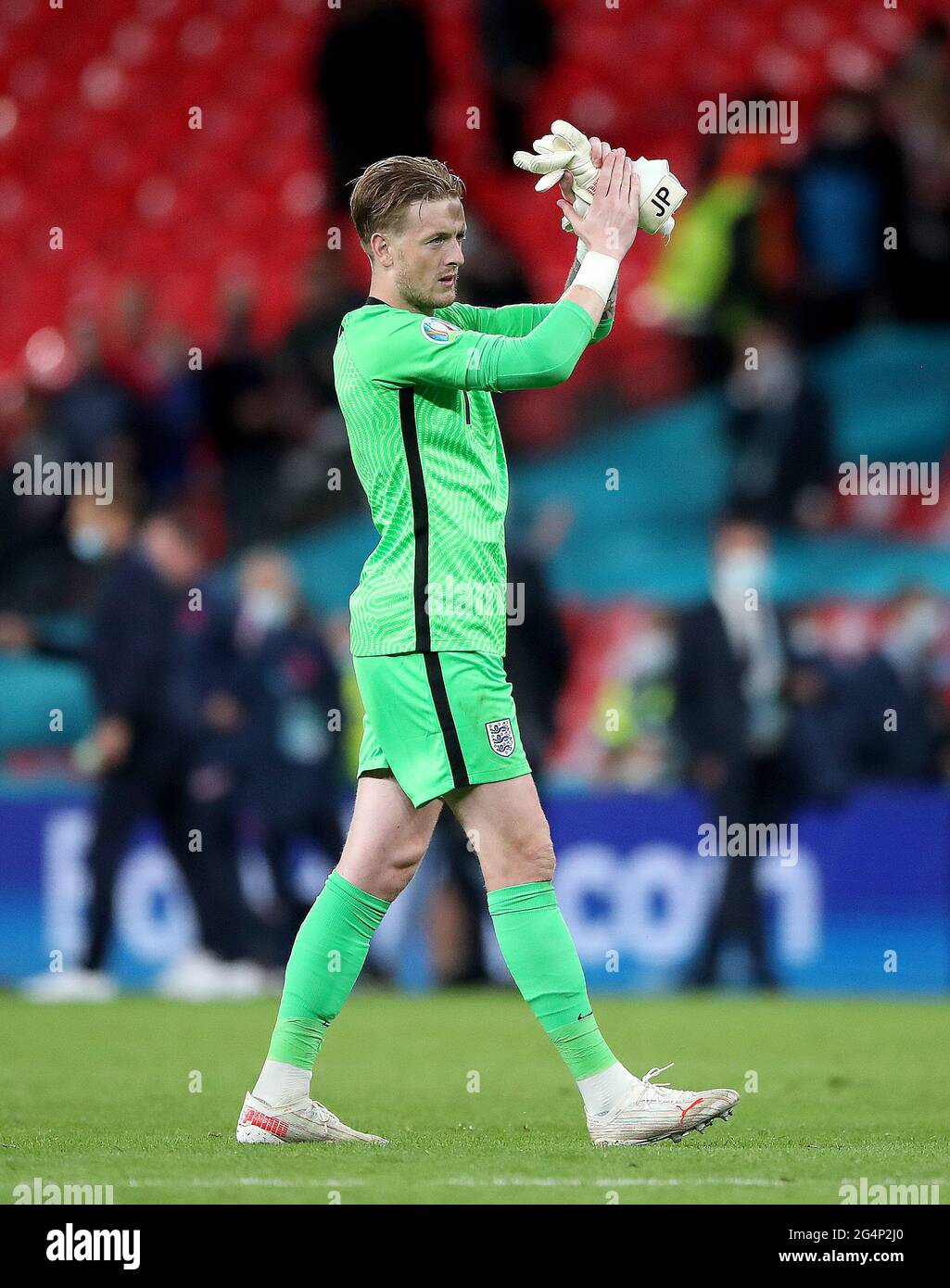 England goalkeeper Jordan Pickford applauds the fans after the UEFA ...