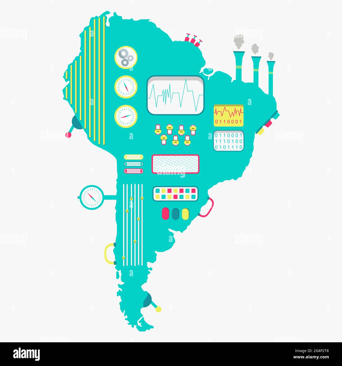 Map of South America like a cute machine with buttons, panels and ...