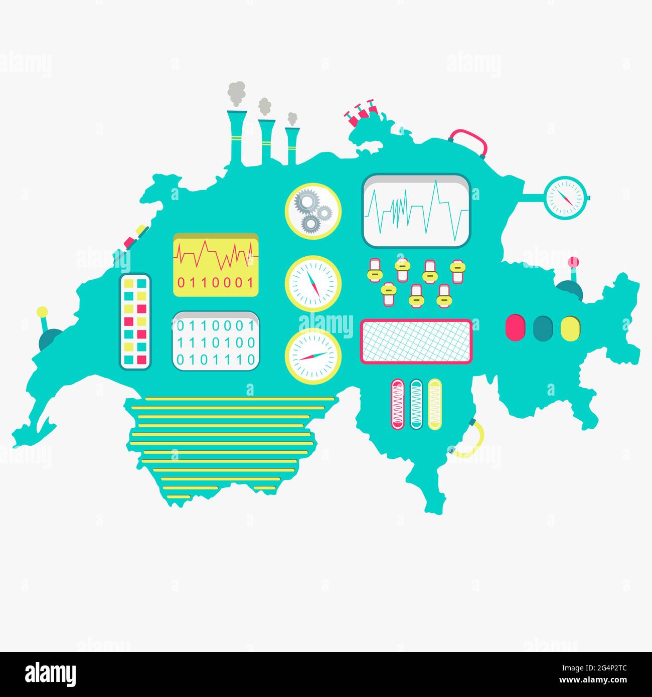 Map of Switzerland like a cute machine with buttons, panels and levers ...
