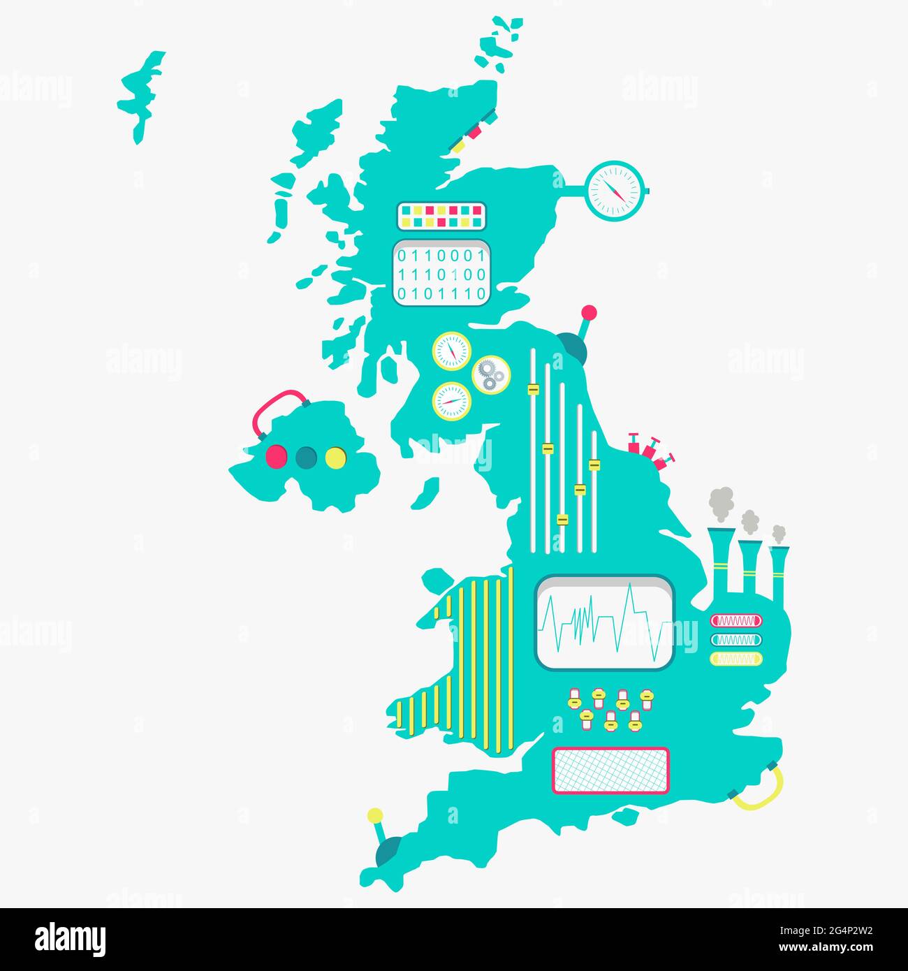 Map of United Kingdom like a cute machine with buttons, panels and ...