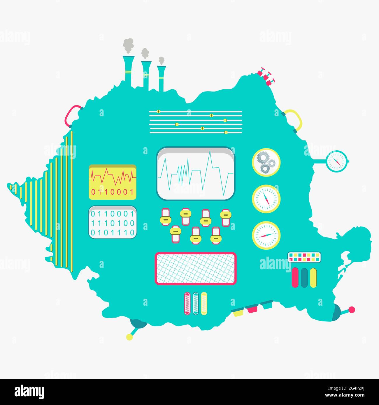 Map of Romania like a cute machine with buttons, panels and levers ...