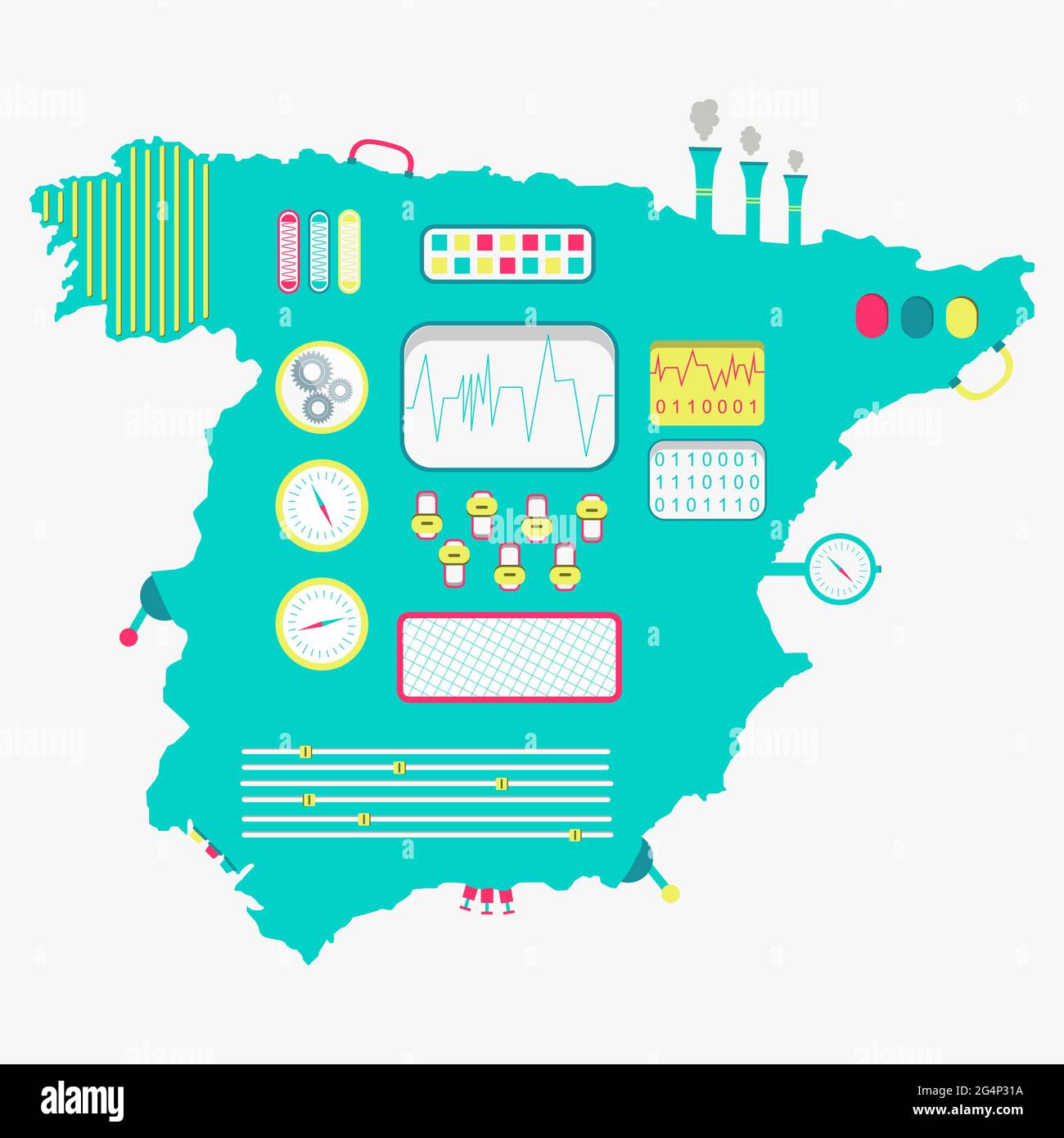 Map of Spain like a cute machine with buttons, panels and levers ...
