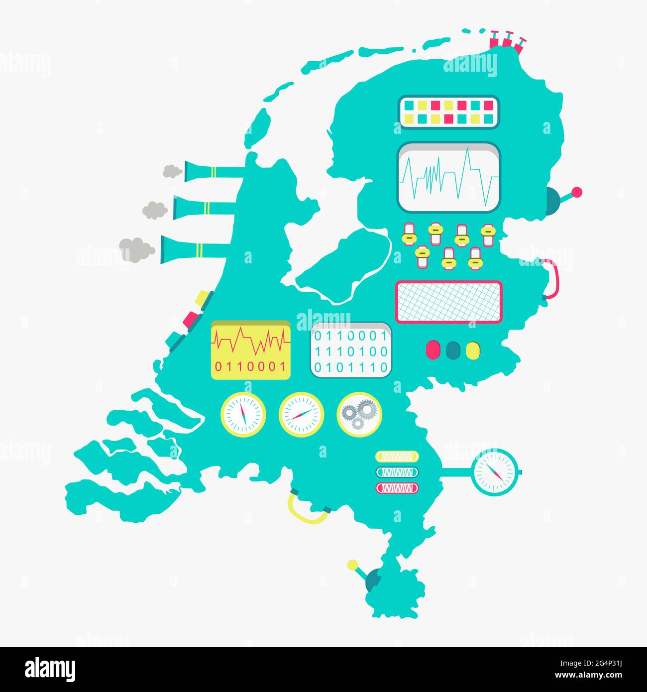 Map of Netherlands like a cute machine with buttons, panels and levers ...