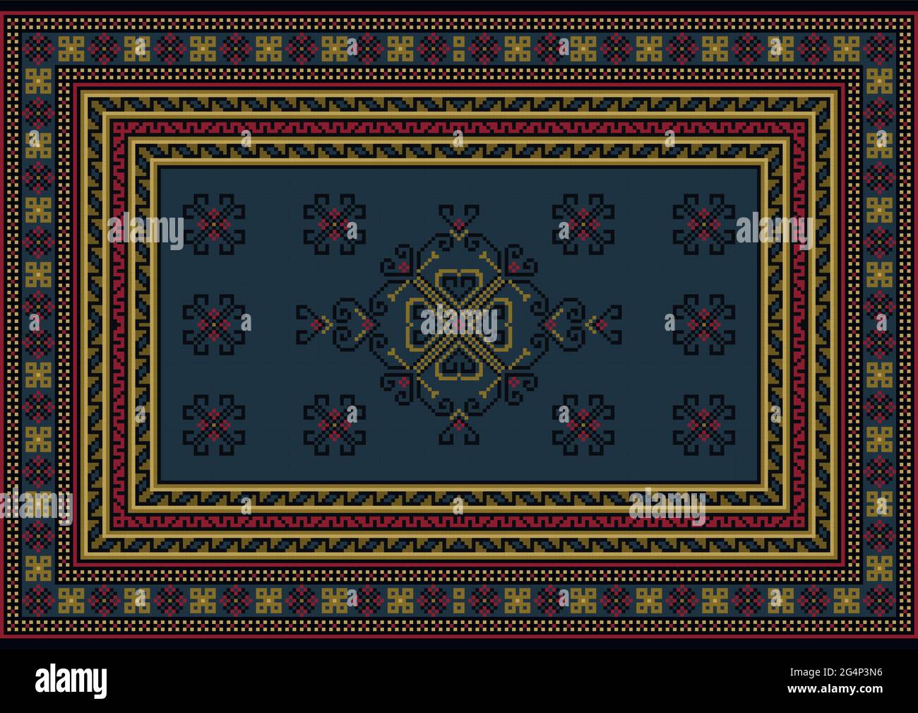 Vintage blue carpet with red, beige patterns and dark blue swirling ...
